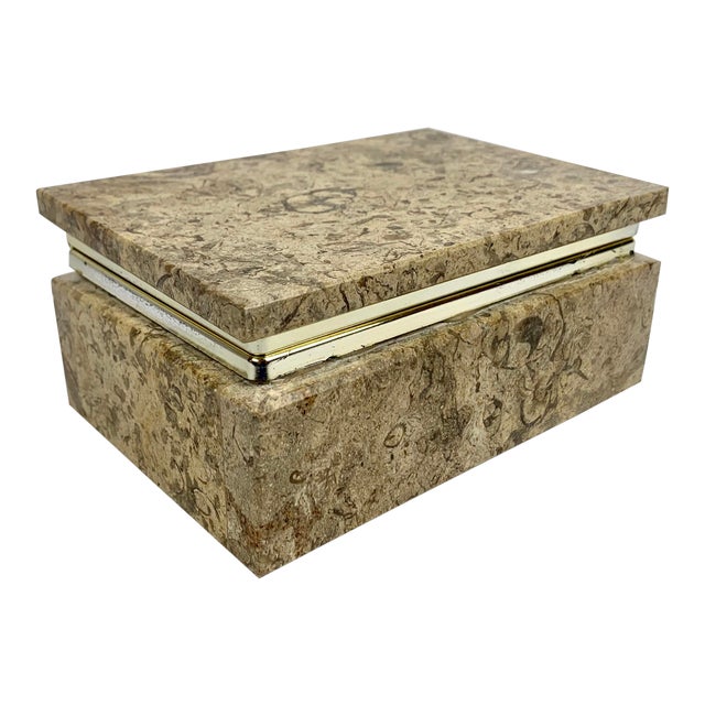 A Hinged Beige Rectangular Stone Box With Silvered Frame | Chairish