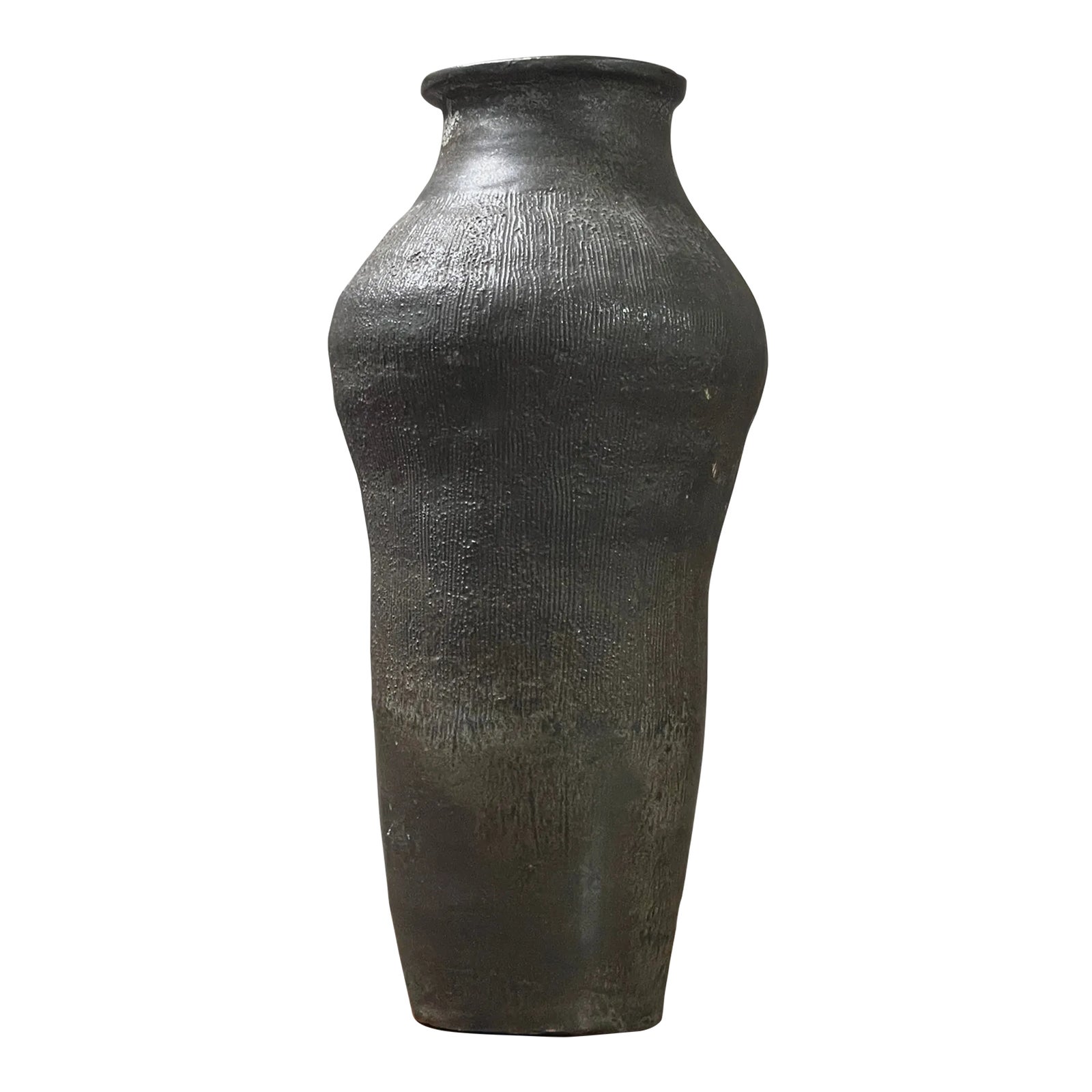 Vintage Modernist Hand Built Etched Glazed Black Vase | Chairish
