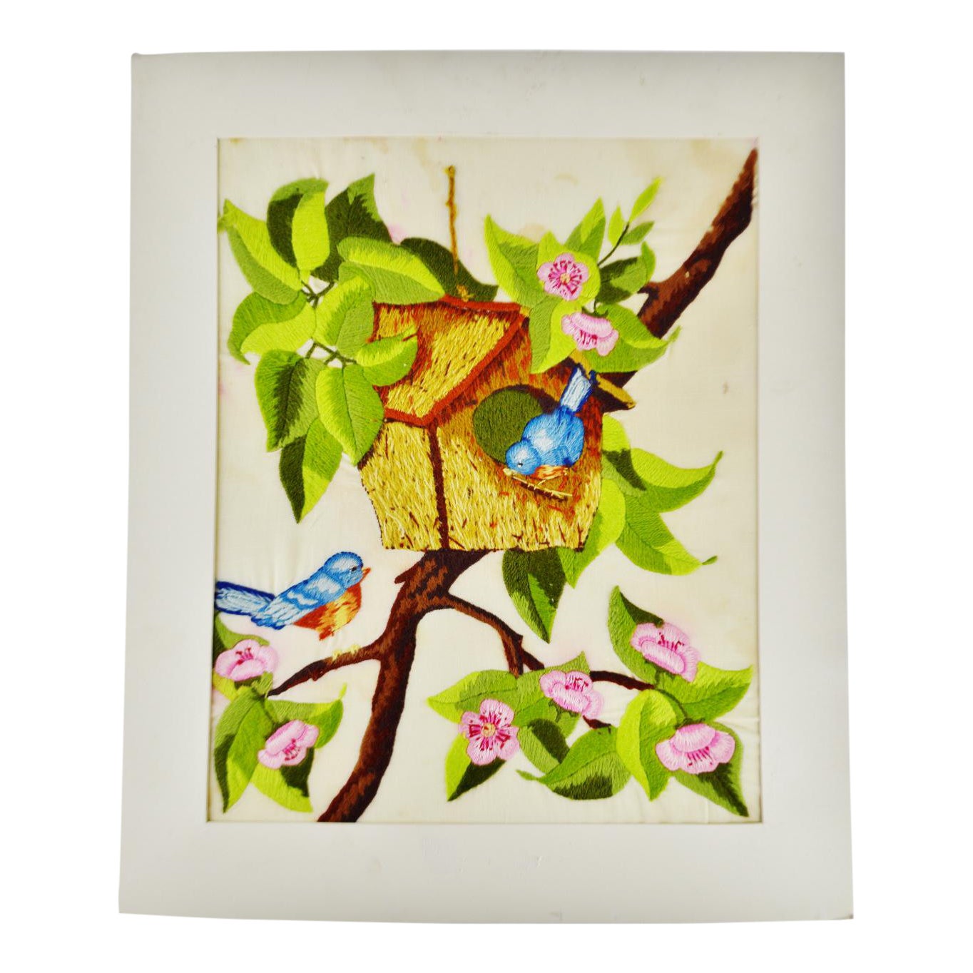 Vintage Handmade Birdhouse and Bluebirds Embroidery | Chairish