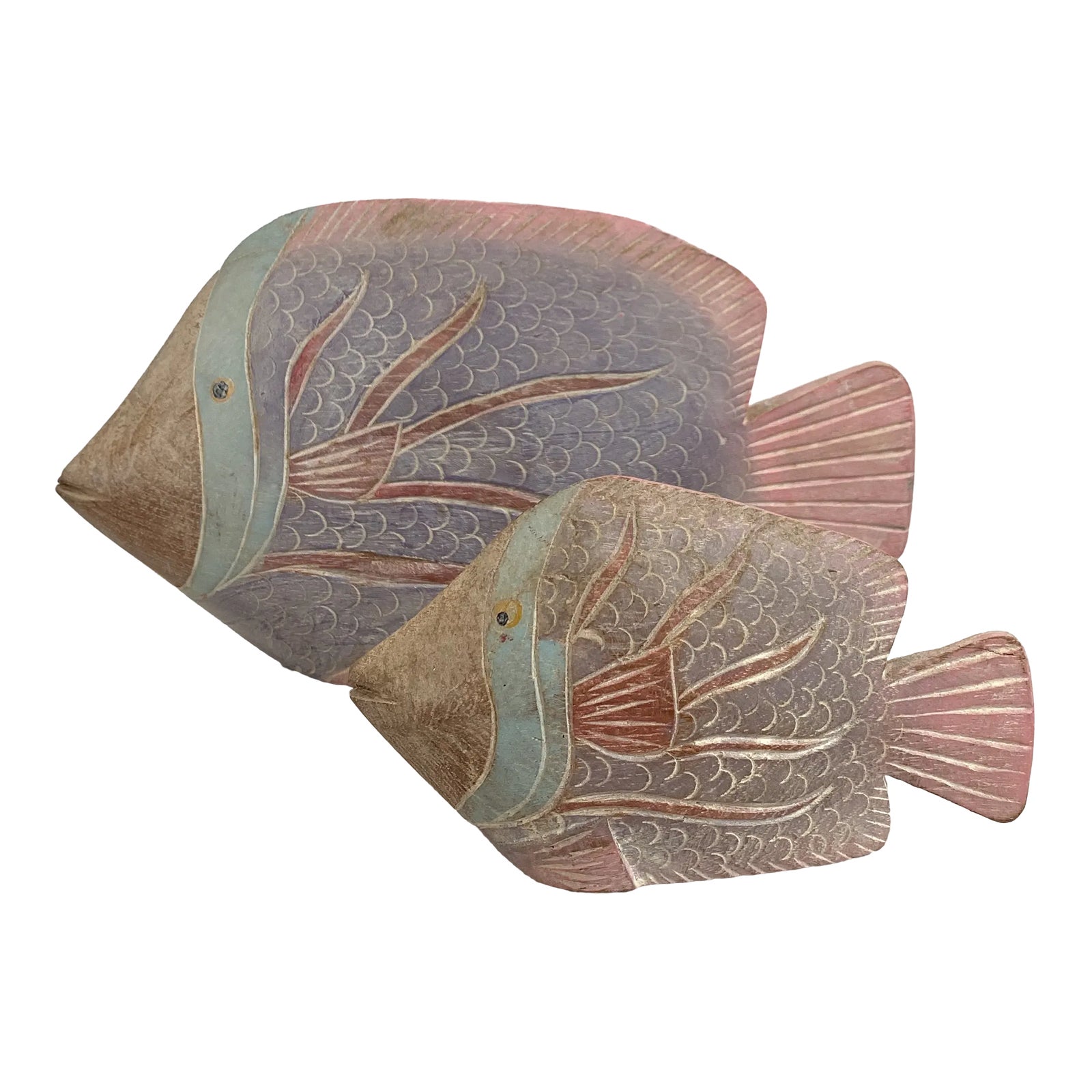 Vintage 1980s Teakwood Tropical Fish Sculptures Painted in Pastel - Set ...