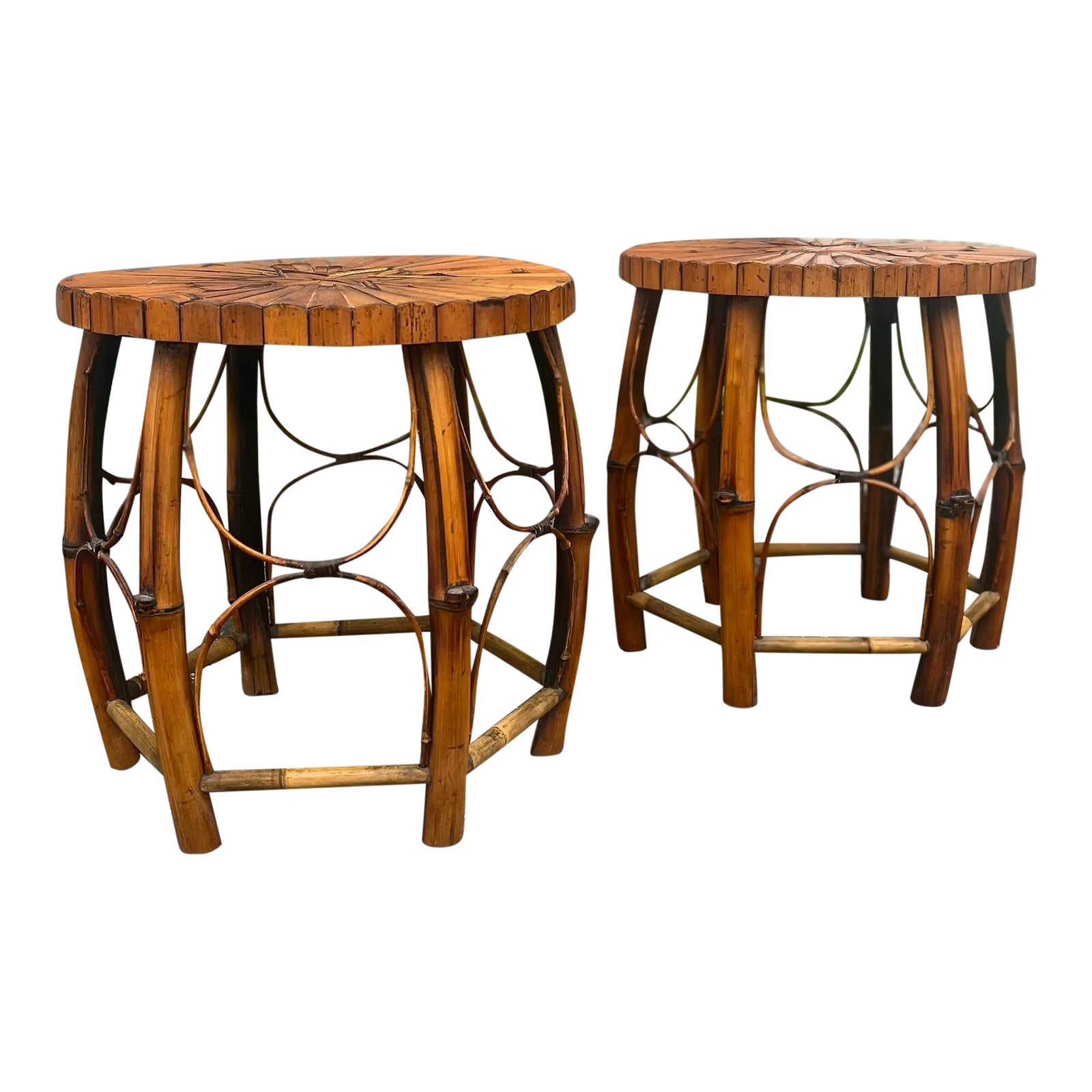 Late 20th Century Rattan and Bamboo Barrel Side Tables With Inset Star ...