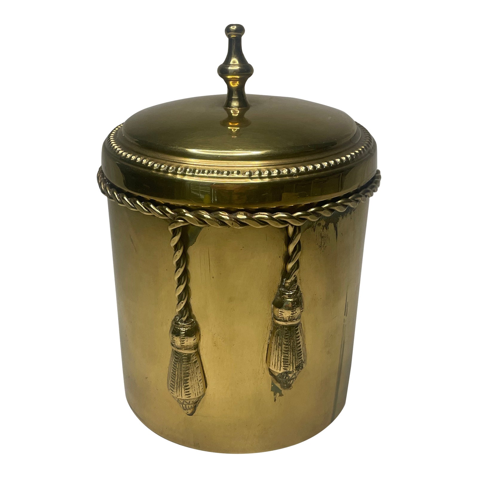 Vintage Traditional Style Rope and Tassel Lidded Brass Canister | Chairish