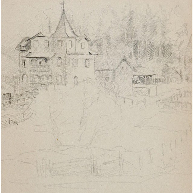 Small Vintage Manor House Pencil Drawing | Chairish