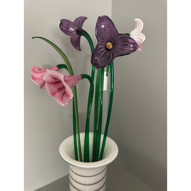 1990s Glass Vase and Glass Flowers | Chairish