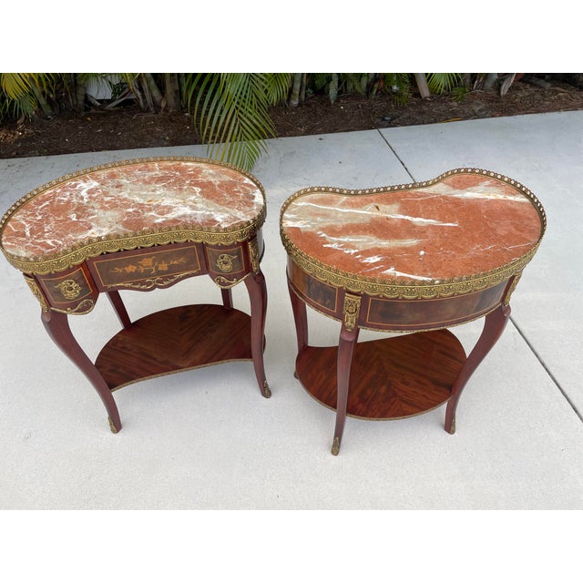 1980s Pair Kidney Side Tables With Top Marquetry and Bronze Gold Edges ...