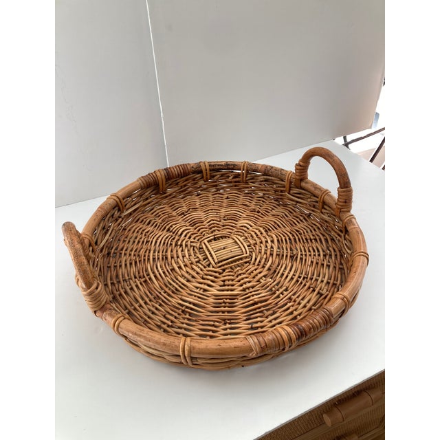 Round Wicker Tray With Bamboo Handles | Chairish