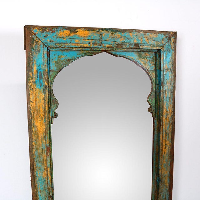 Antique Indian Teakwood Painted Window Frame + Mirror | Chairish