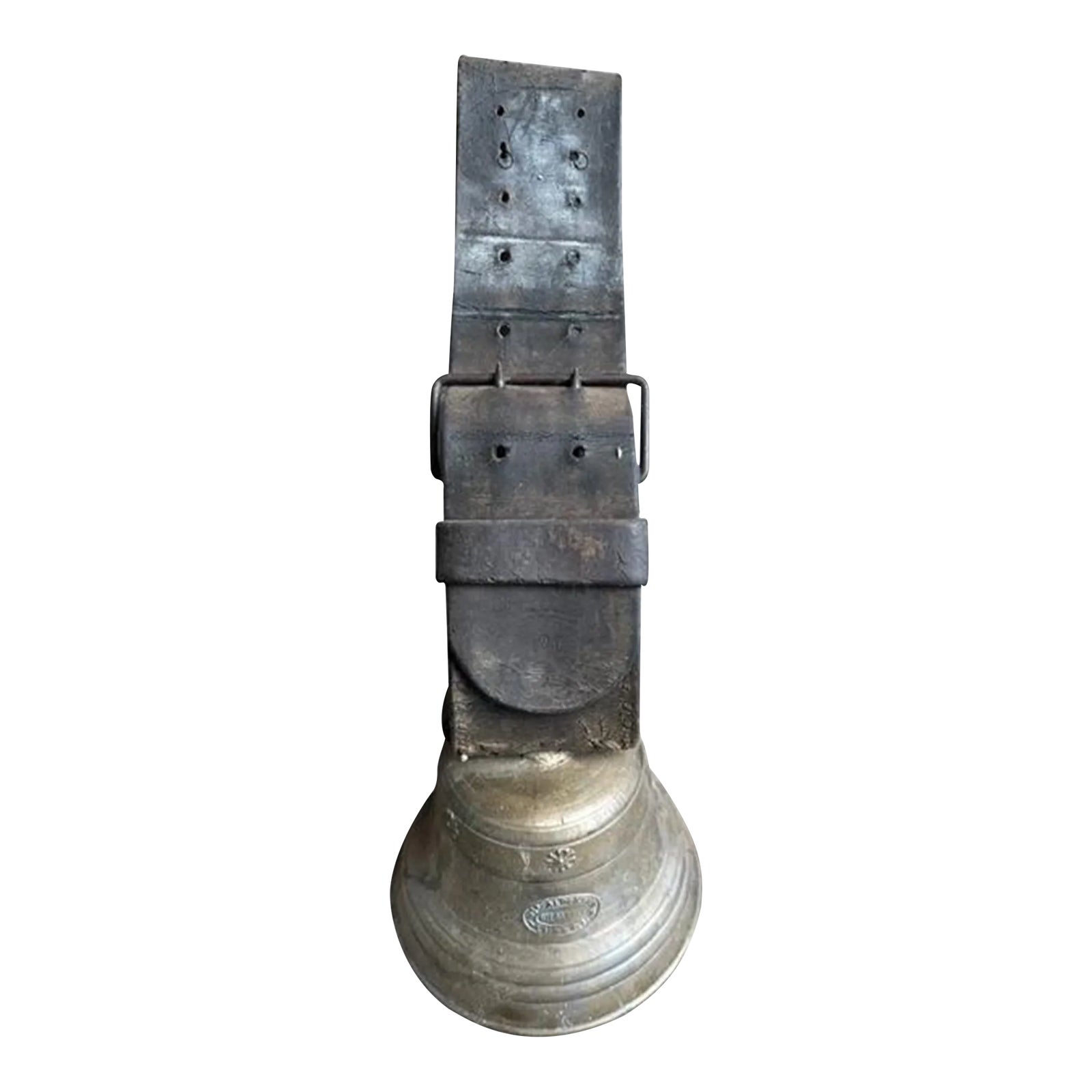 1900s Bronze Cowbell on Leather Strap Bell | Chairish