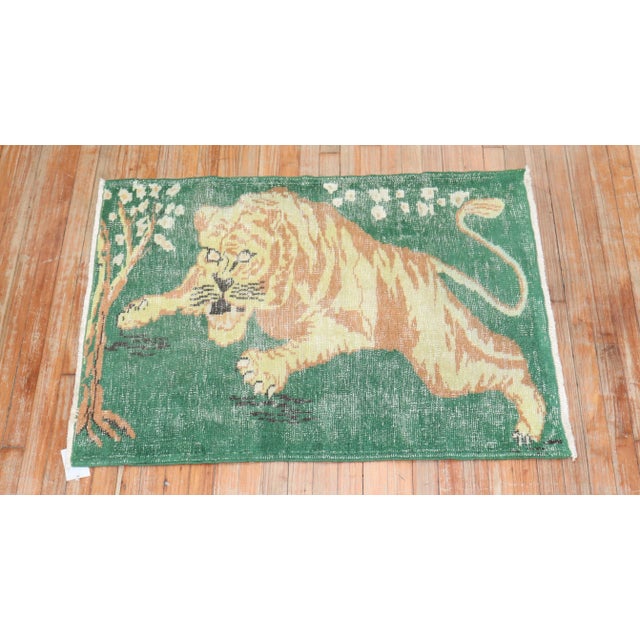 Mid 20th Century Green Vintage Turkish Tiger Pictorial Rug, 2'11'' X 3 ...