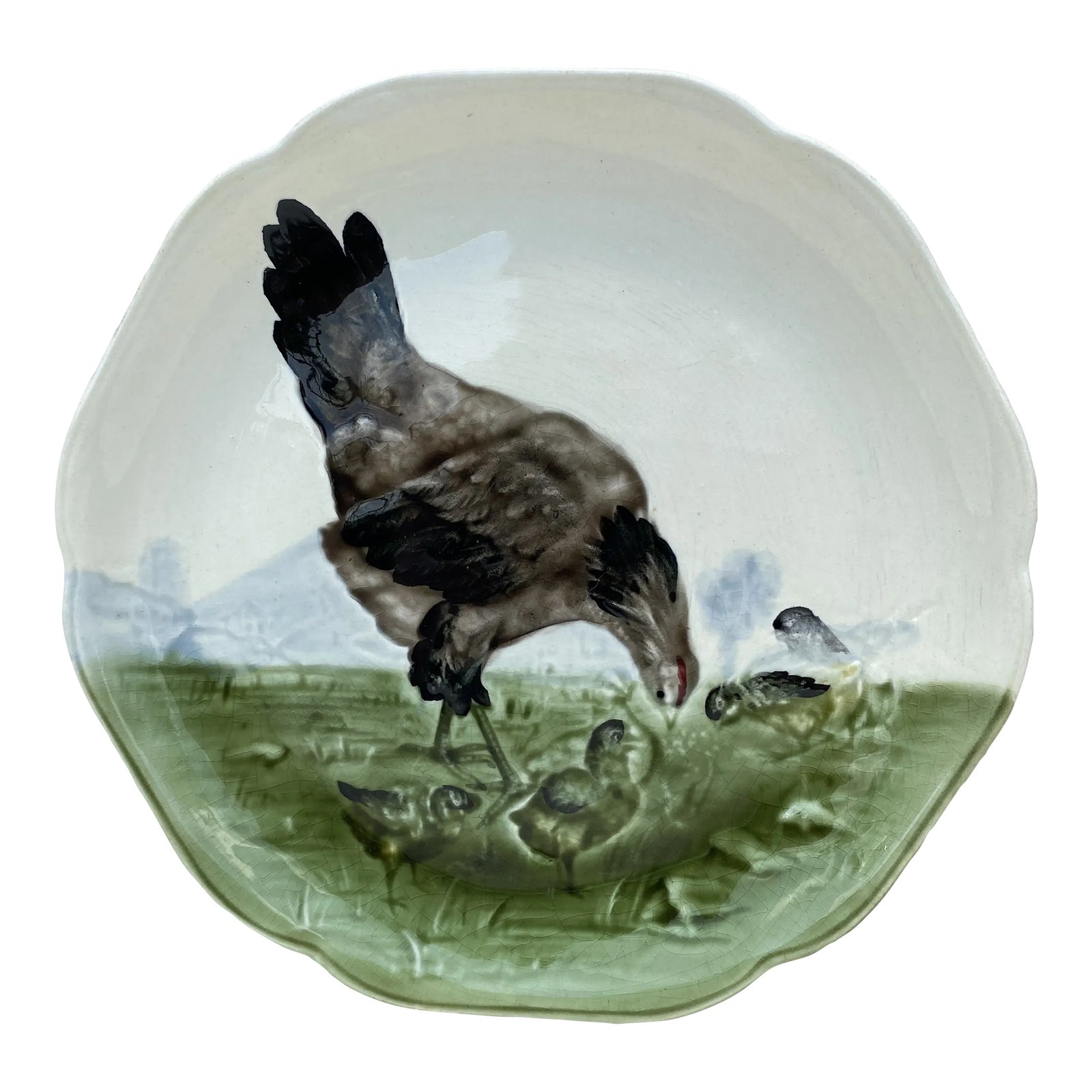 19th Century Majolica Hen and Chicks Plate Choisy Le Roi | Chairish