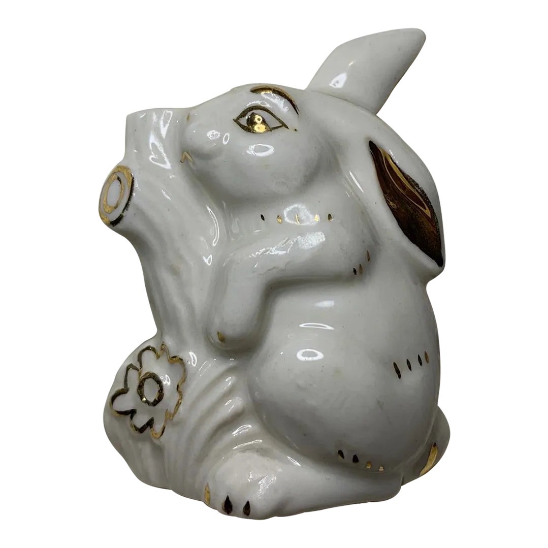 Vintage Porcelain Bunny Rabbit With Tree Figurine | Chairish