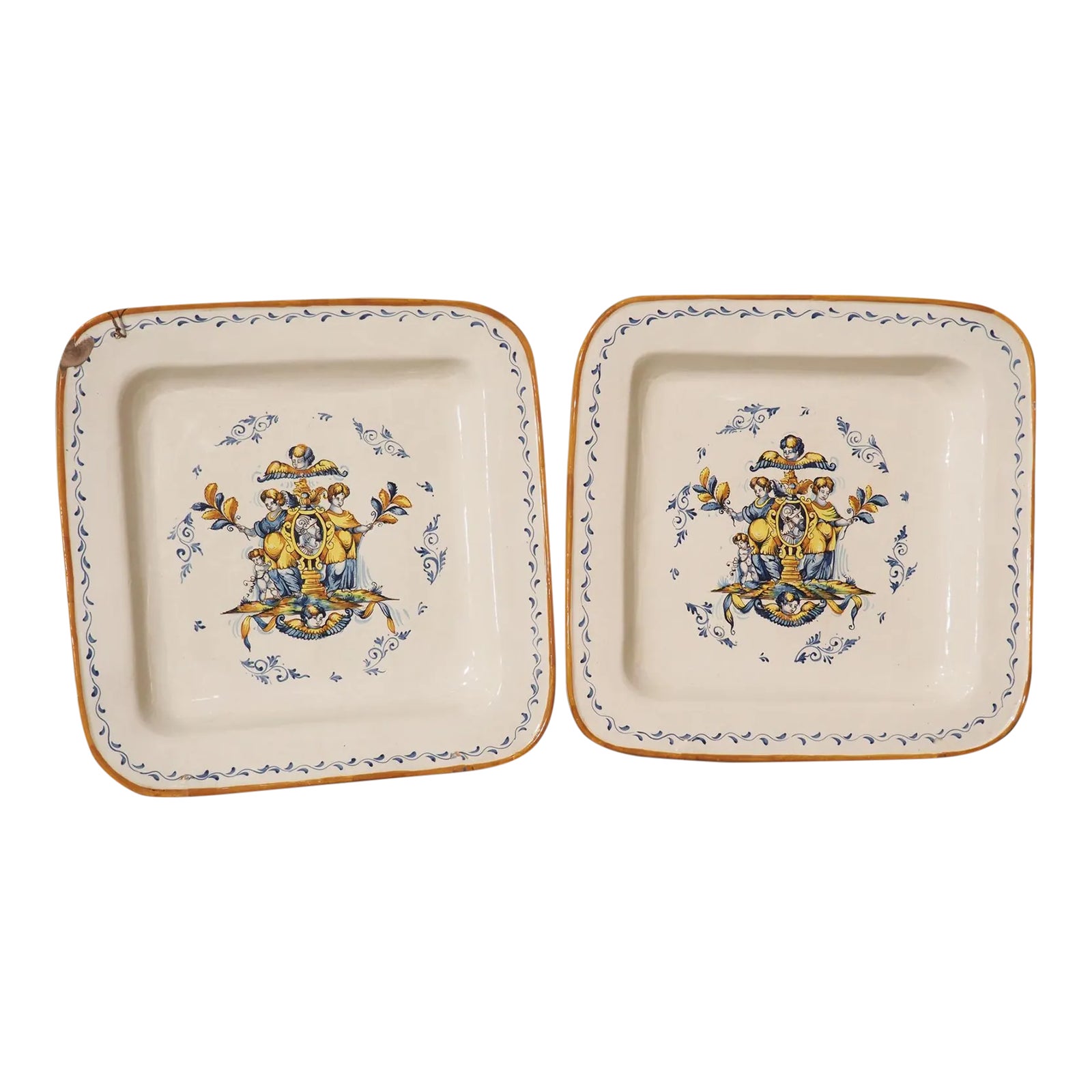 Pair of Large Hand Painted Ceramic Square Platters From Italy | Chairish