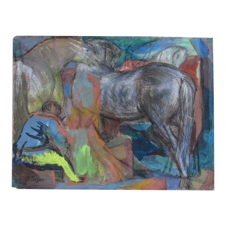Josef Presser (American, 1907-1967) Mixed Media Painting Readying the ...