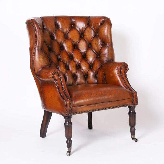 Pair of Leather Button Tufted Wingback British Colonial Style Armchairs ...