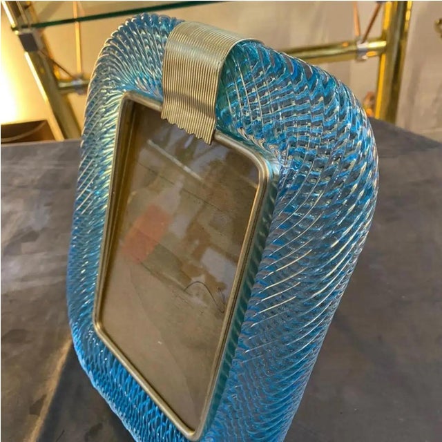 1980s Barovier Style Light Blue Murano Glass and Brass Rectangular ...