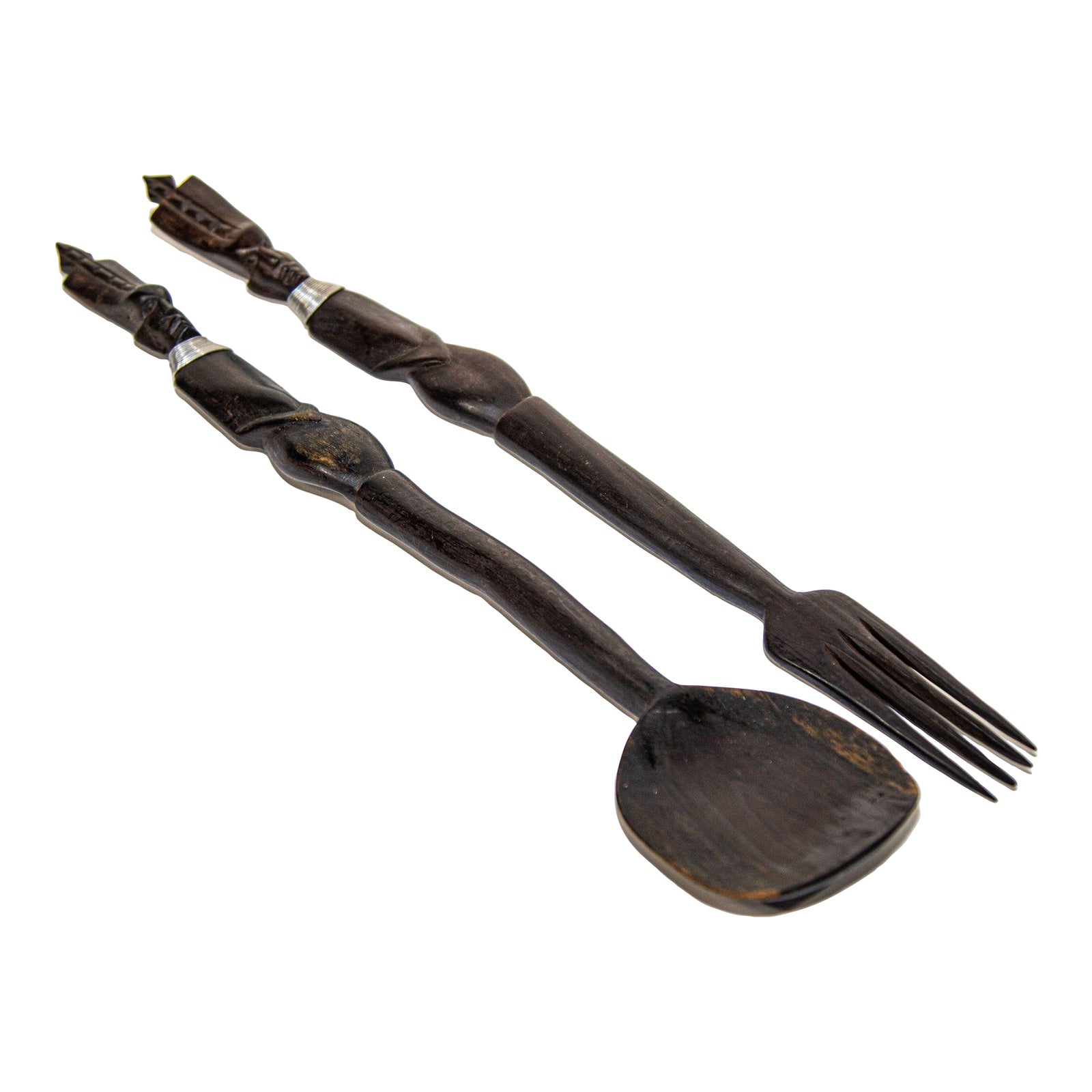 African Folk Art Hand Carved Sculptures Fork and Spoon Set in Dark ...