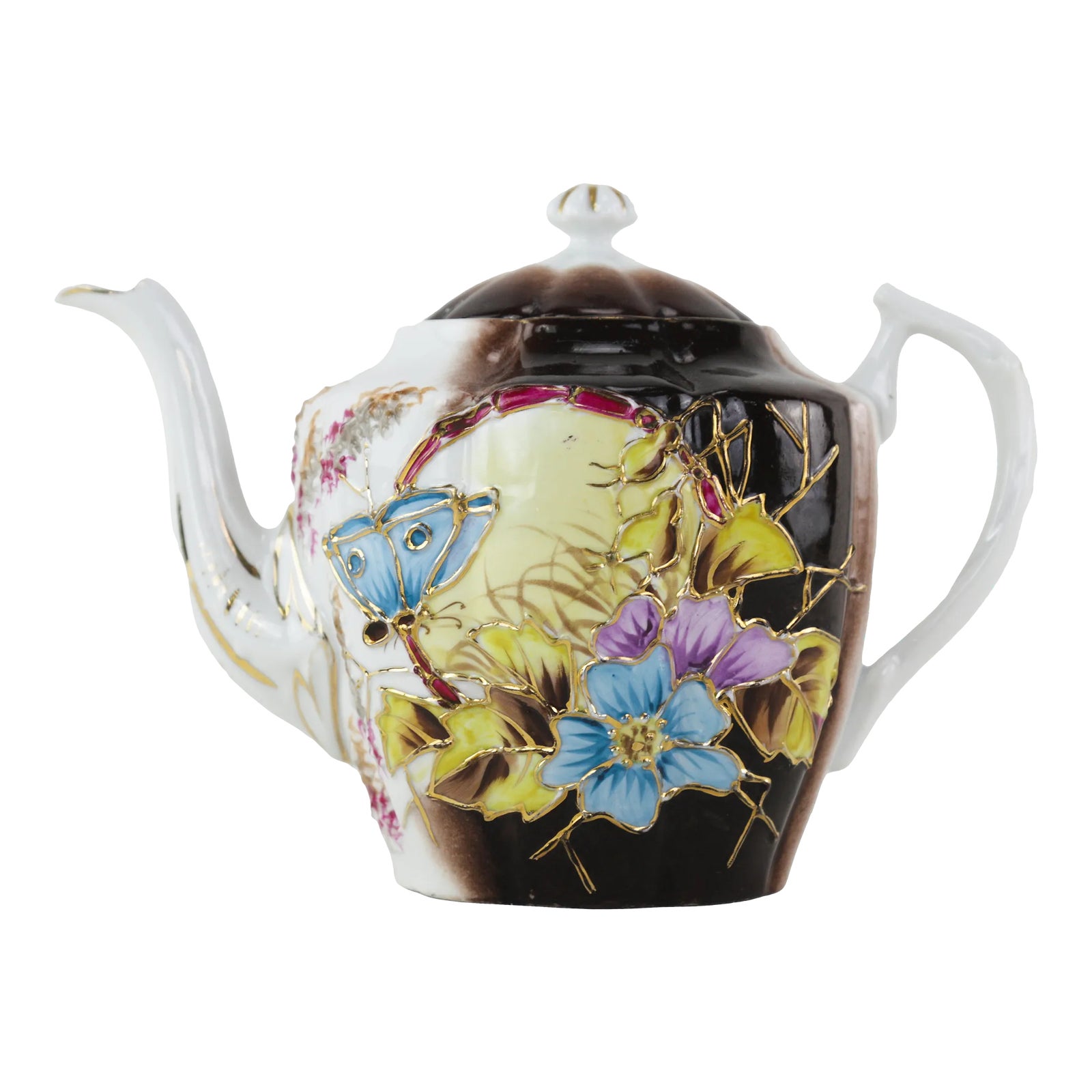 Vintage Hand-Painted Floral Teapot With Raised Butterfly Design | Chairish