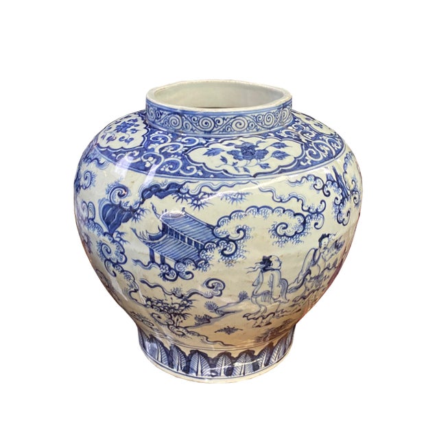 Vintage Chinese Blue White Porcelain Scenery Fat Body Vase Jar | Chairish