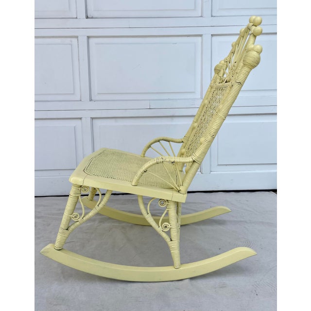 Early 20th C. Meringue Yellow Wicker Rattan Rocker | Chairish