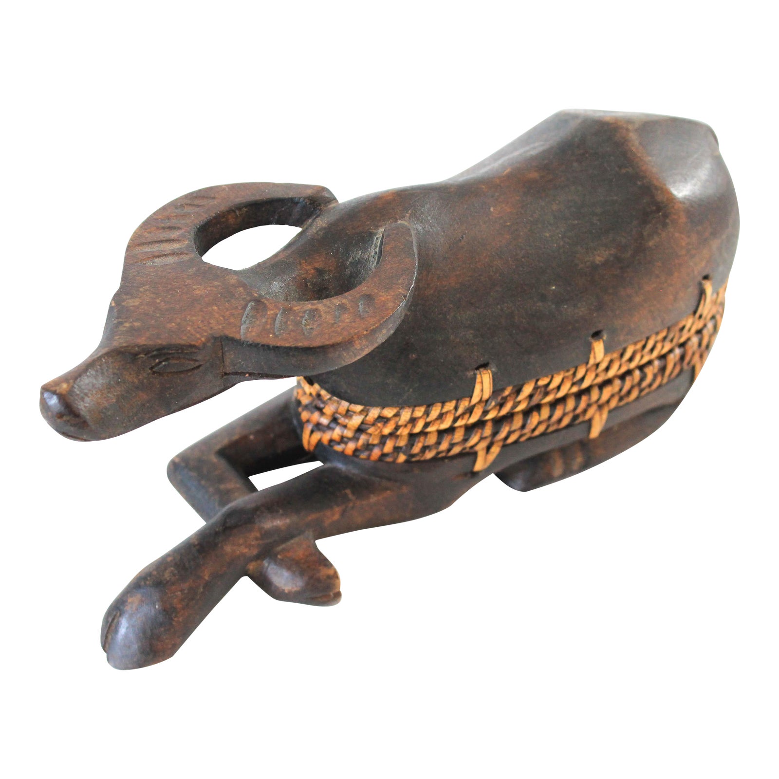 Vintage Hand Carved Wood & Rattan Water Buffalo Trinket Box | Chairish