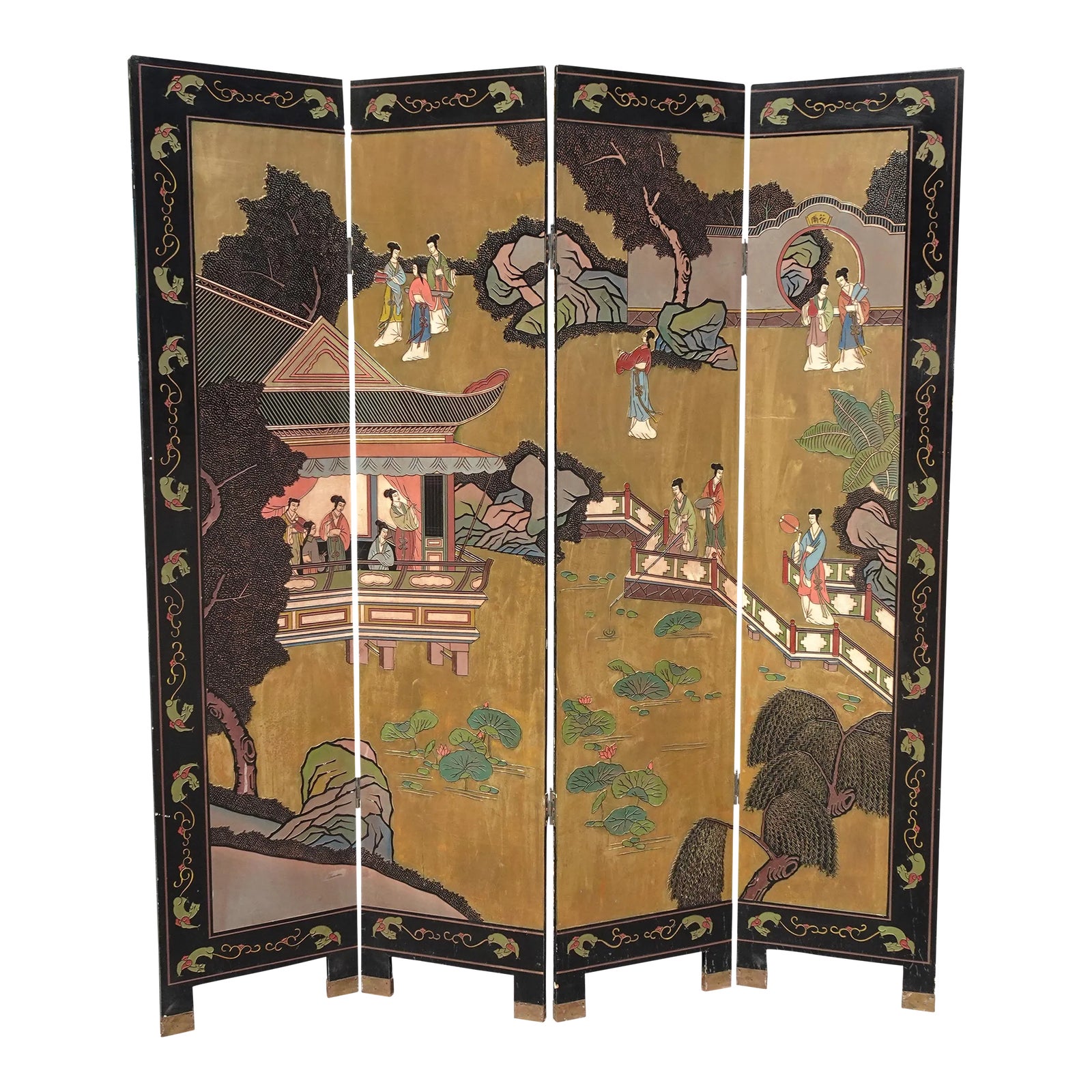 Vintage Oriental Asian Gold Coromandel Four Panel Screen Room Divider W ...