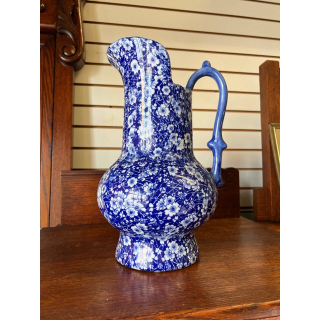 1930s Blue & White Floral Calico Pitcher & Bowl Signed Victorian Ware ...