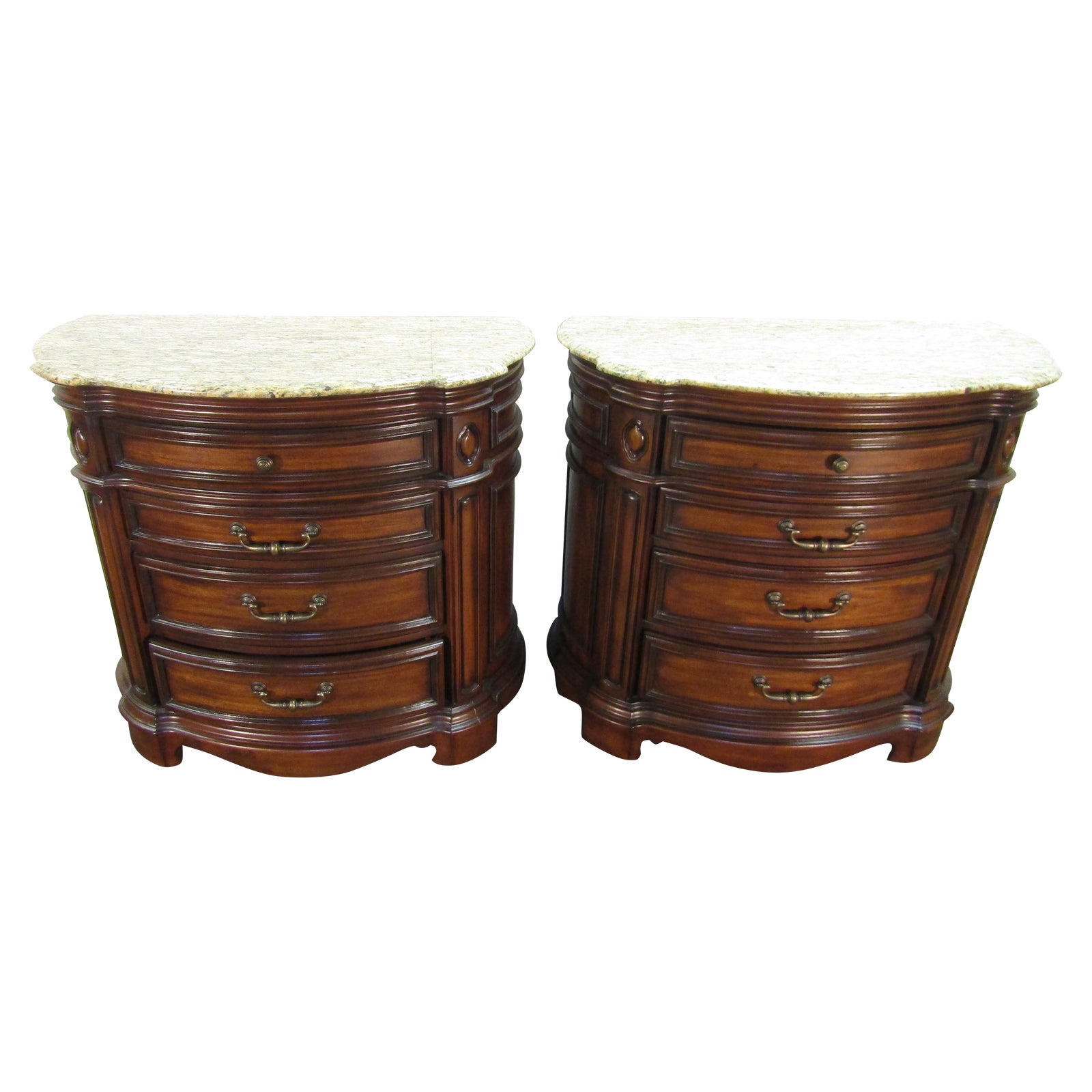 Pulaski Pair of Marble Top Cherry Nightstands | Chairish