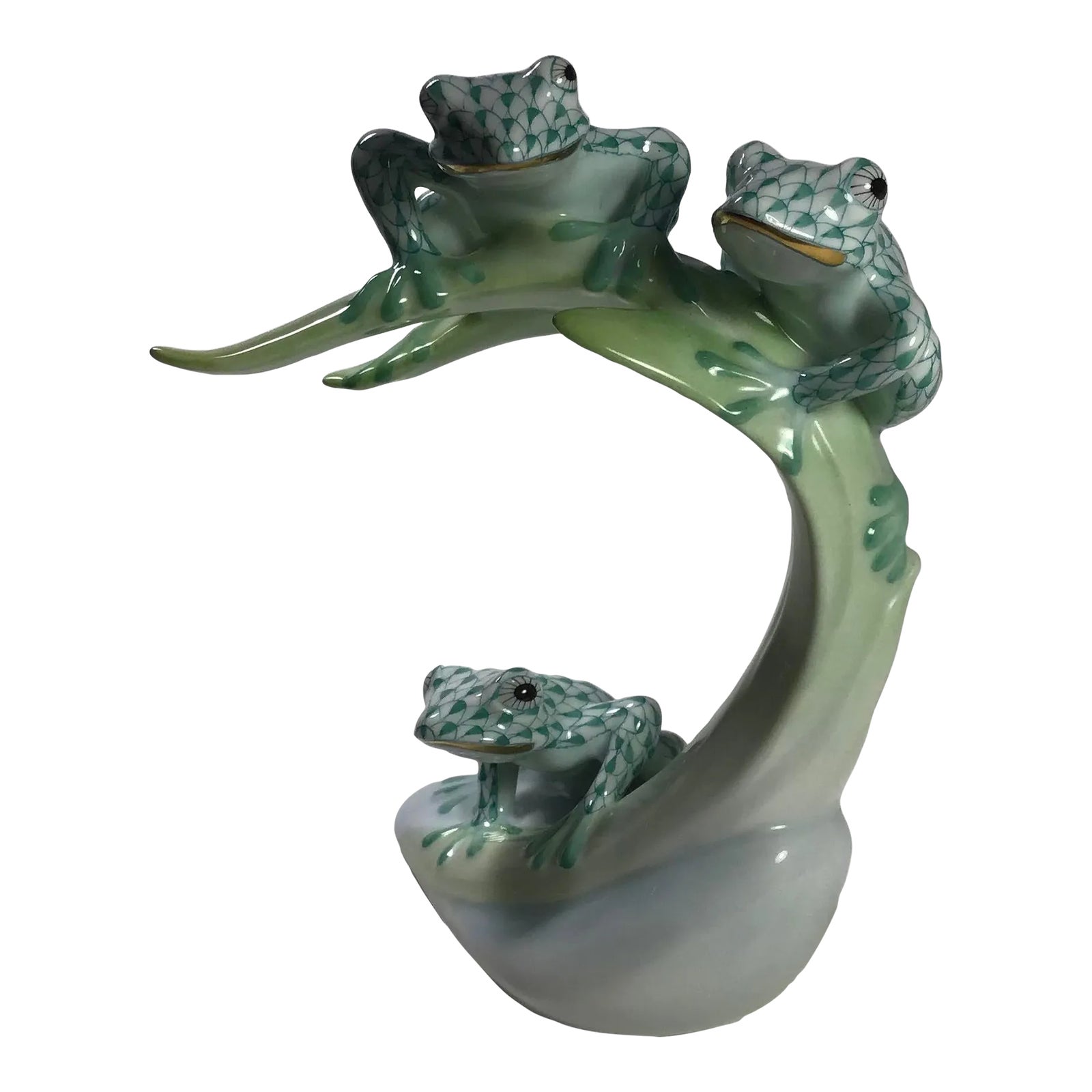 2007 Herend Porcelain Three Tree Frogs on Palm Leaf | Chairish