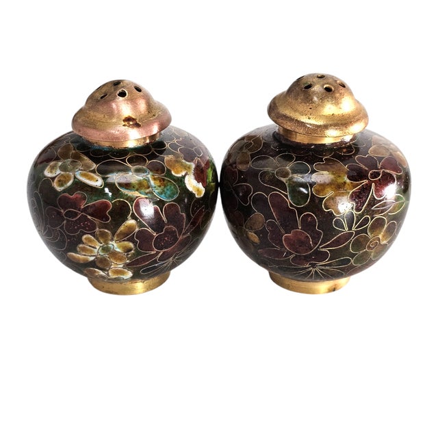Chinese Cloisonné Salt & Pepper Shakers Salt Cellar and Spoon 2" | Chairish