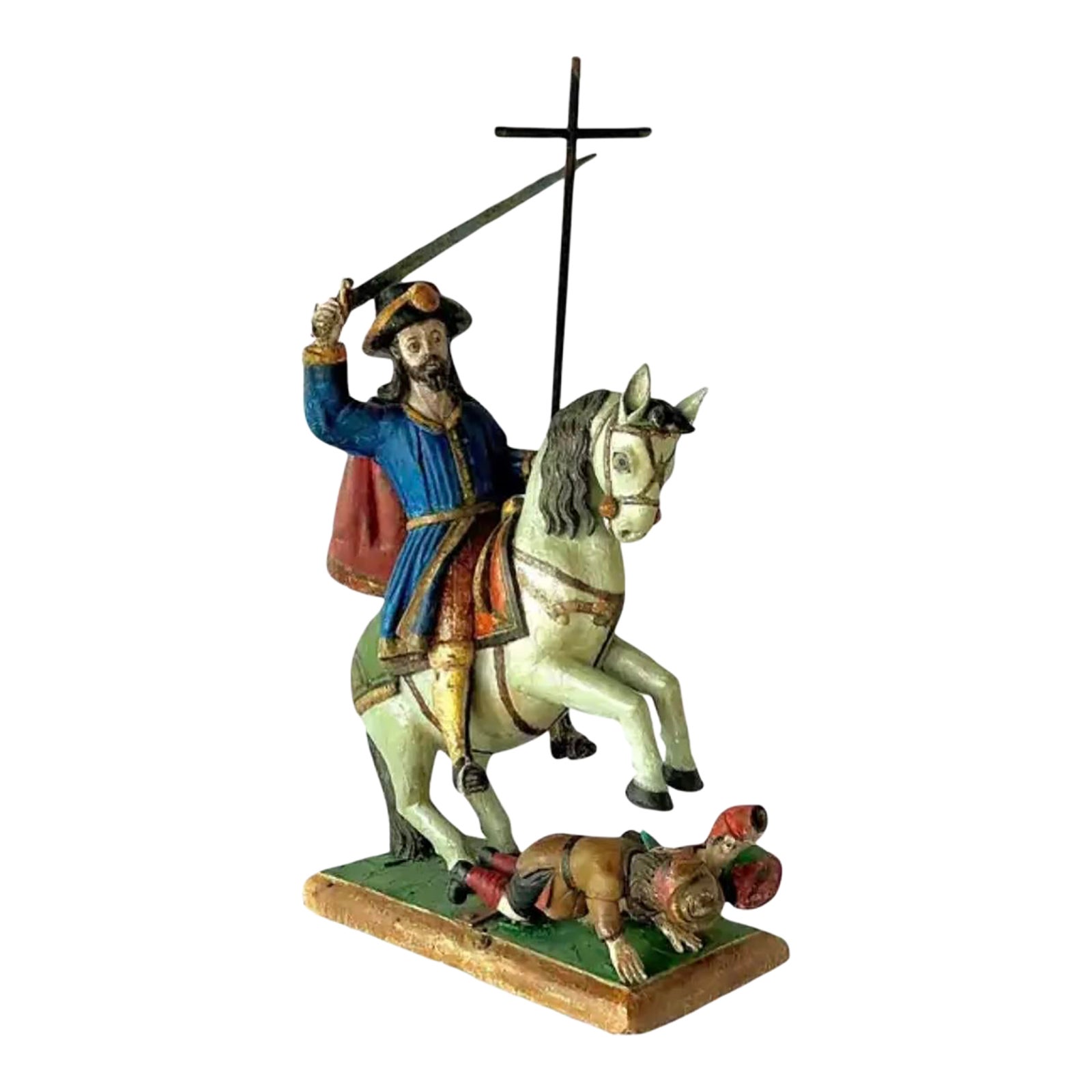 Spanish Polychrome Wood Figural Sculpture of Santiago Matamoros | Chairish