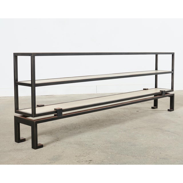 Industrial Style Iron Faux Parchment Leather Console Table | Chairish