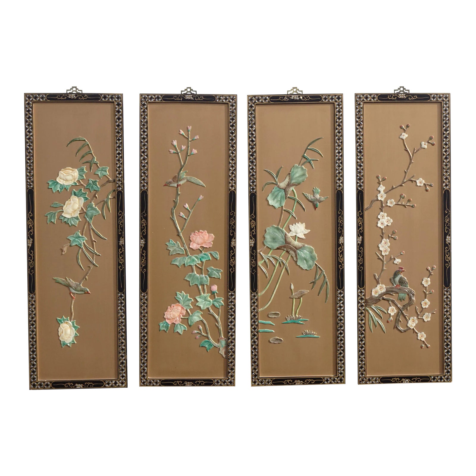 Vintage Oriental Asian Gold Four Panel Screens - Set of 4 | Chairish