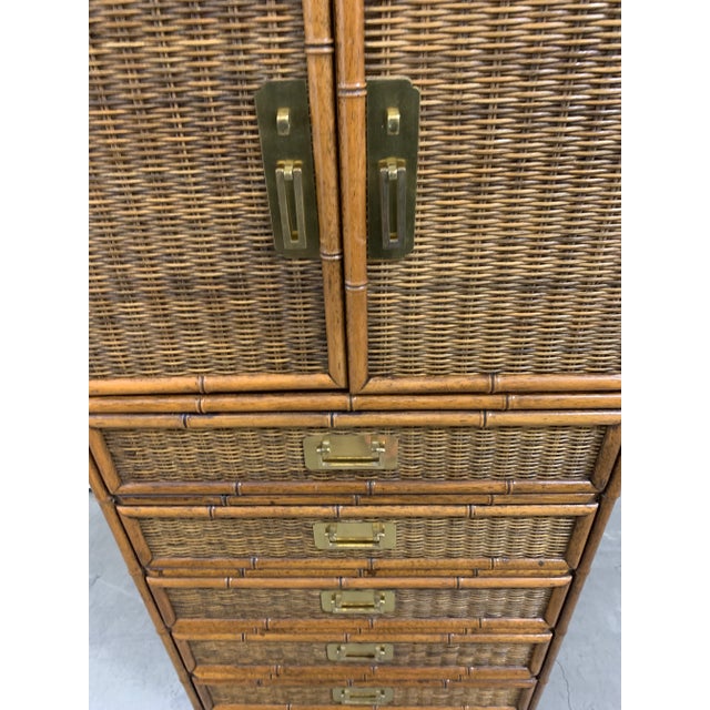 Vintage 1970s Coastal Faux Bamboo and Wicker Tallboy Dresser Dry Bar ...