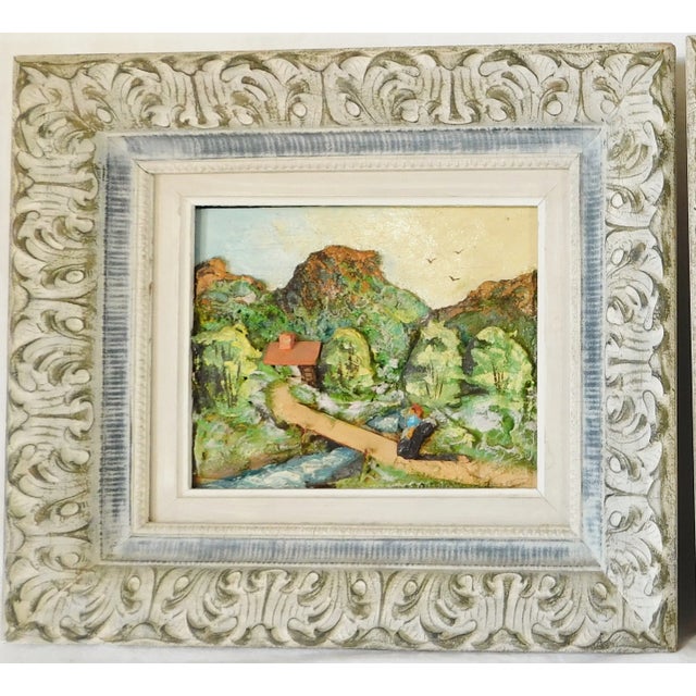 Pair Vintage Mid Century Raised Paper Mache Landscape Painting on Board ...