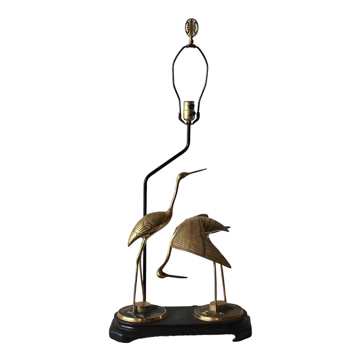 Extra Large Chinoiserie Brass Cranes Table Lamp Midcentury Asian | Chairish