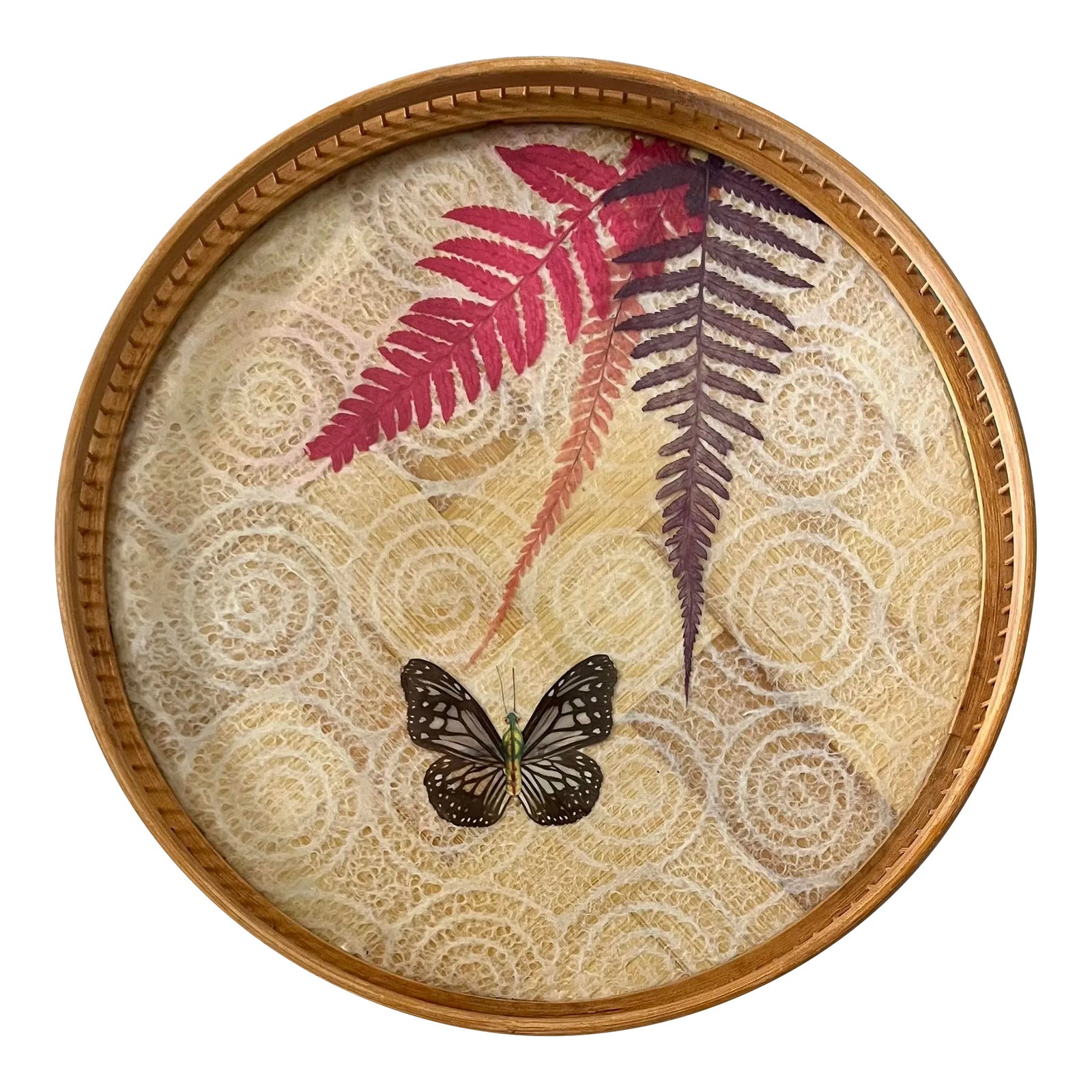 1970s Boho Chic Pressed Butterfly Bamboo Tray | Chairish