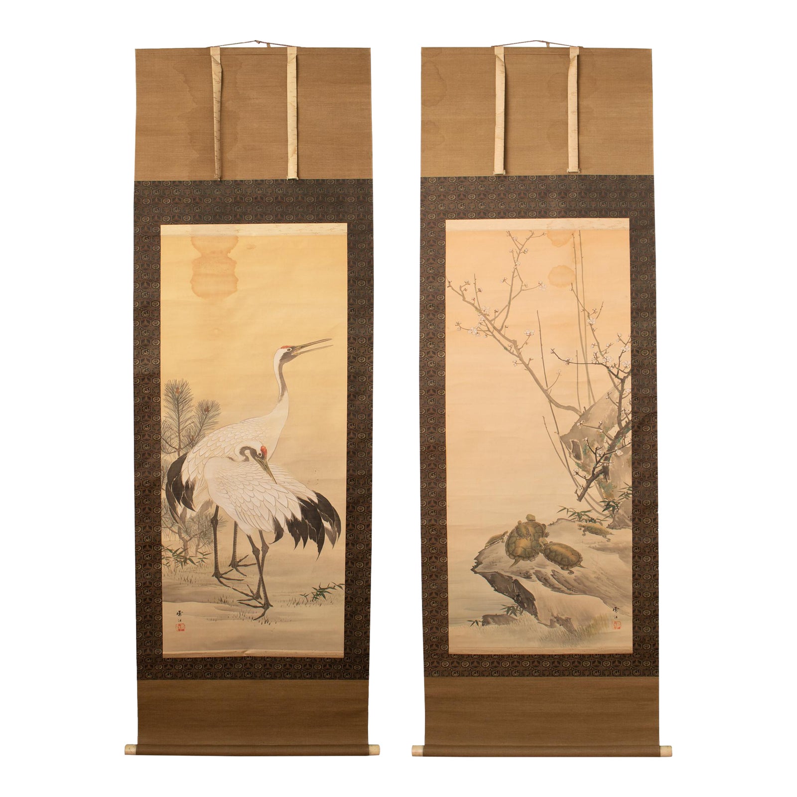 Meiji Era C. 1900s Silk Scroll Paintings by Sekkou Matsudaira, With ...