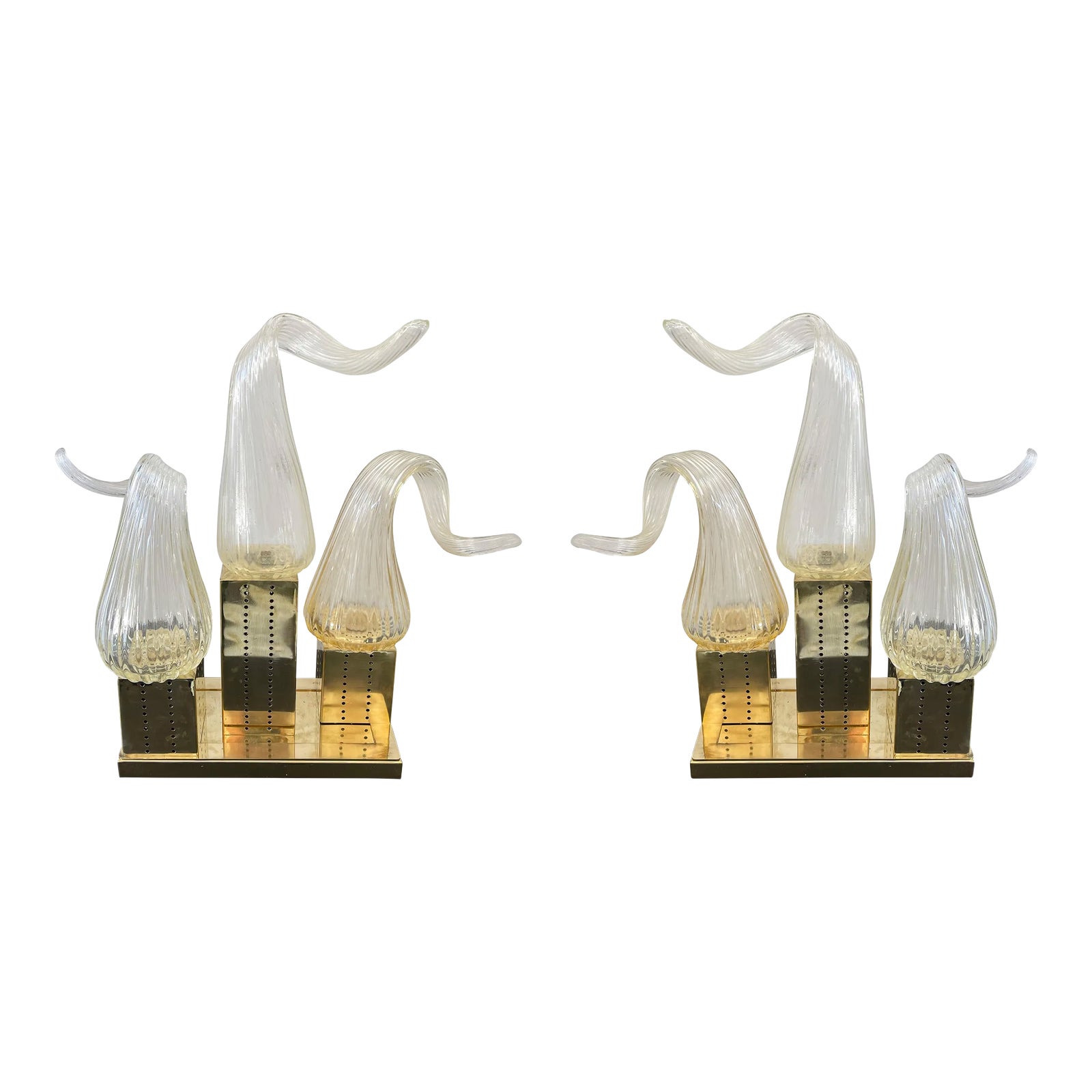 Contemporary Brass Murano Glass Flame Lamps, Italy - a Pair | Chairish