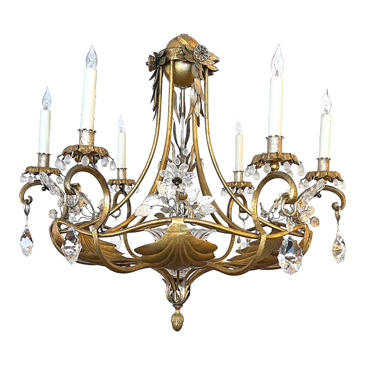 Italian 1960s Gilt-Metal and Tole 7-Light Chandelier With Crystal ...