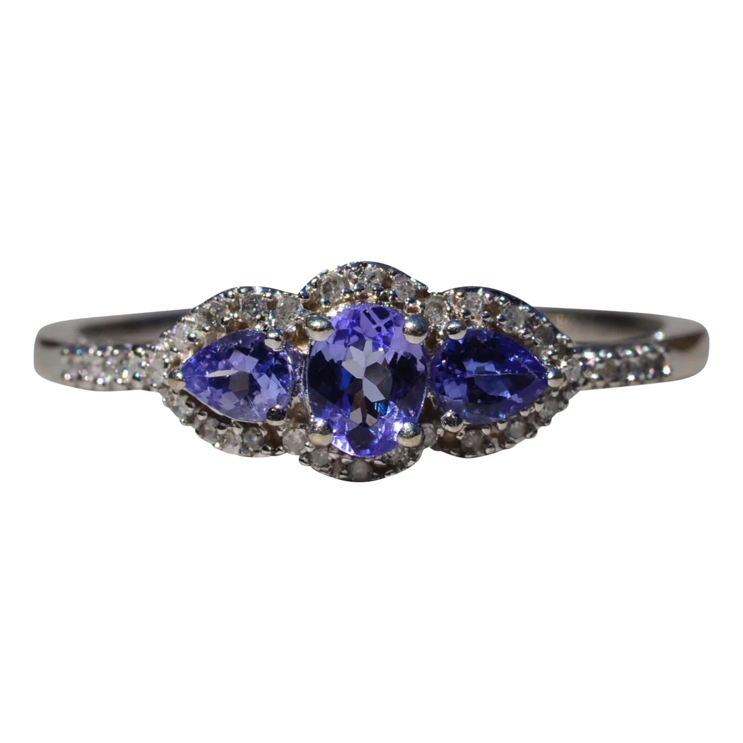 The Stomar: Three Stone Tanzanite and Diamond Ring in White Gold | Chairish