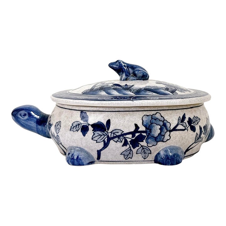 Early 21st Century Blue and White Chinoiserie Turtle Dish With Lid ...