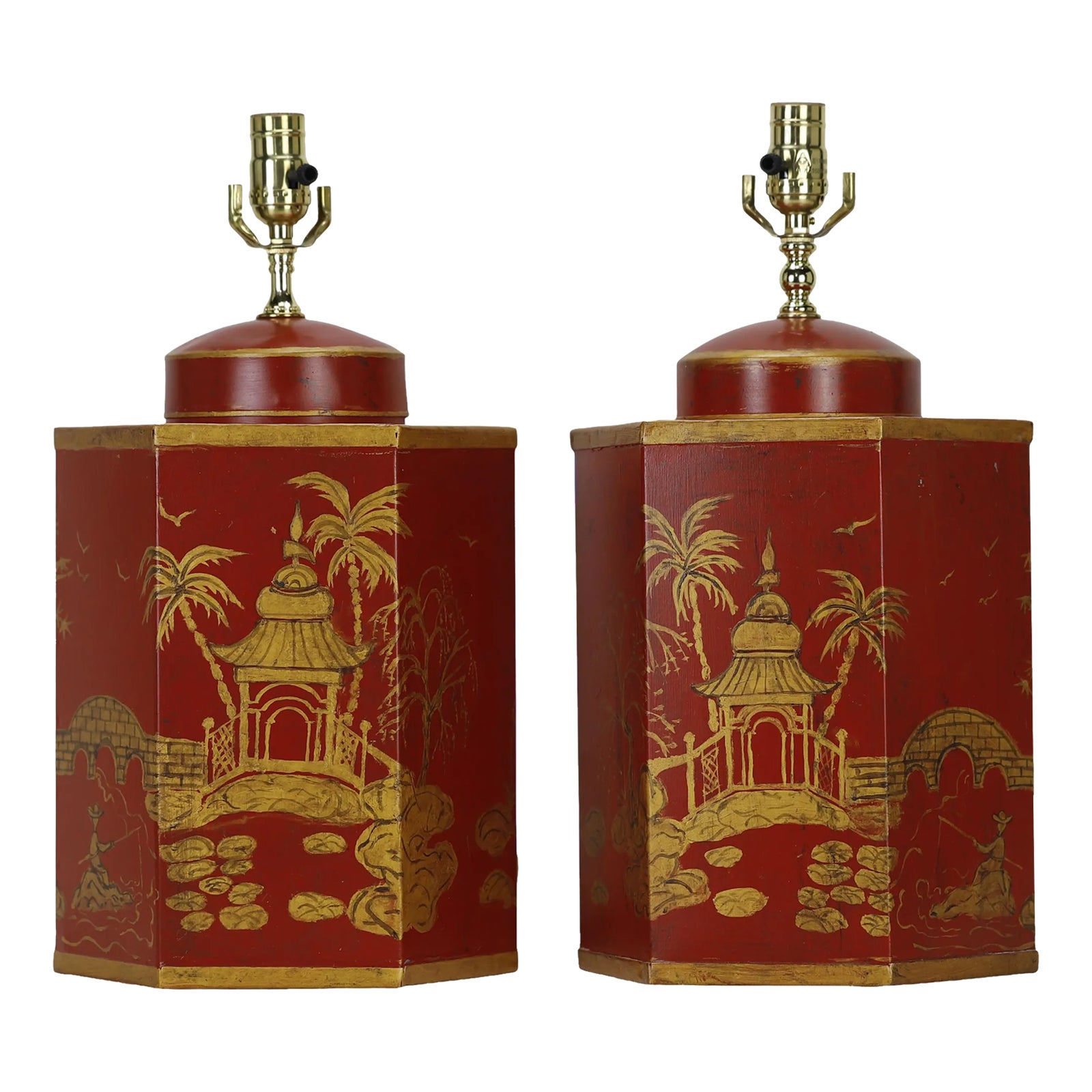 Pair of Vintage Red Hand-Painted Gilded Chinoiserie Hexagonal Tea Can ...