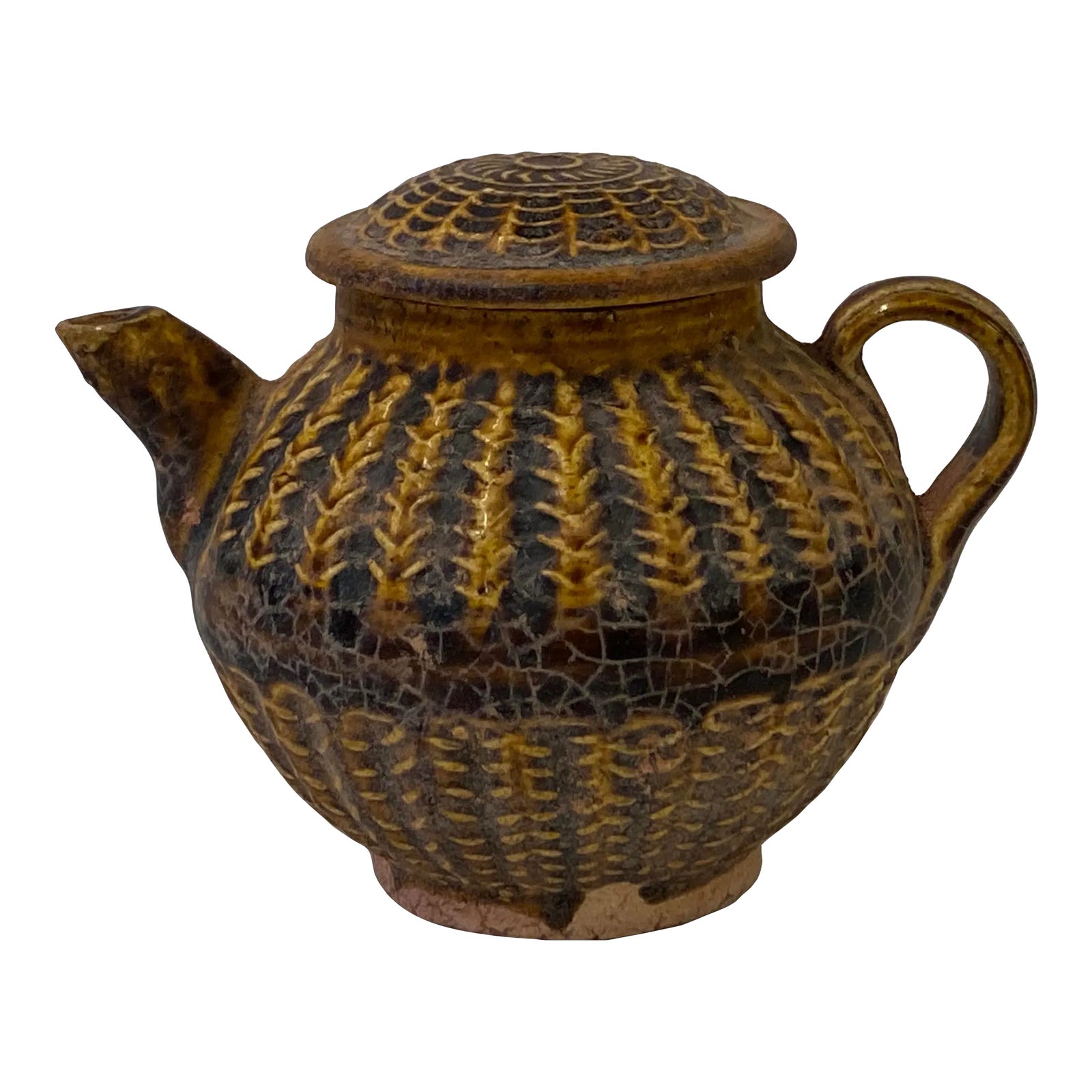 Chinese Ware Brown Woven Pattern Ceramic Jar Vase Display Art | Chairish