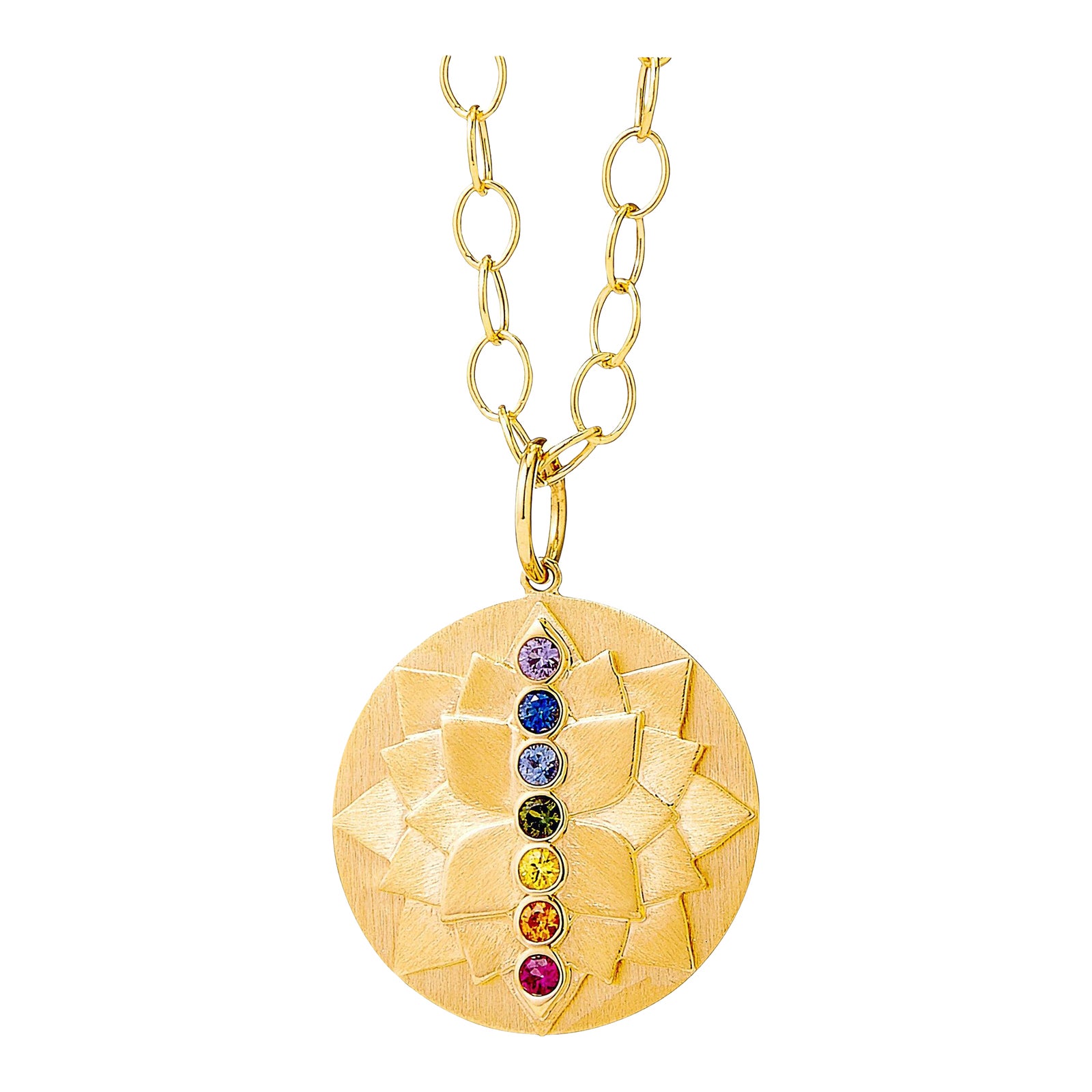 Syna Yellow Gold Cosmic Lotus Pendant with Multi Color Sapphires | Chairish