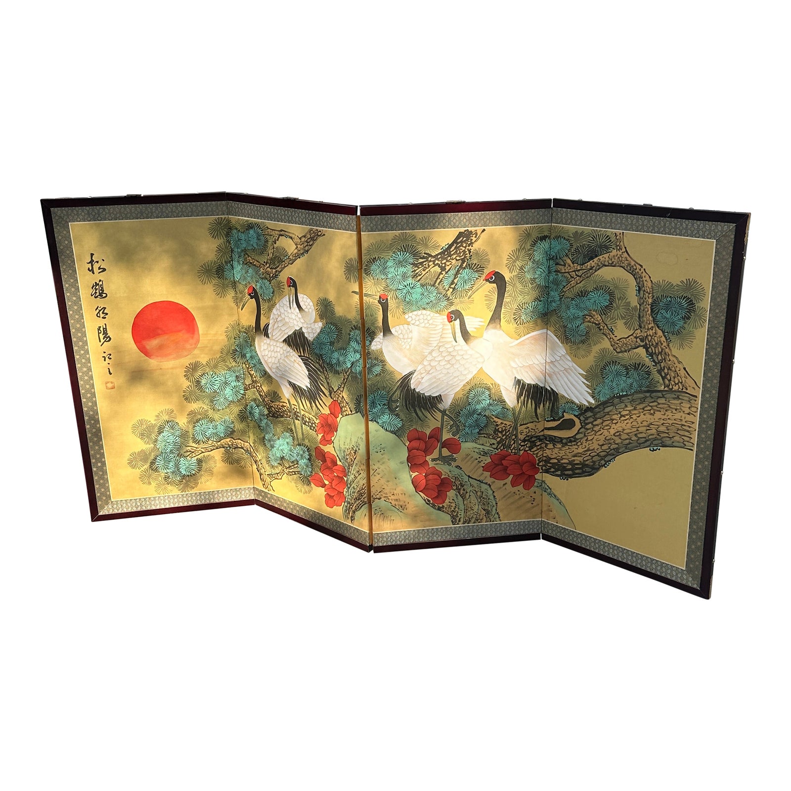 1970s Lightweight Asian Gold Silk Screen With Painted Birds | Chairish