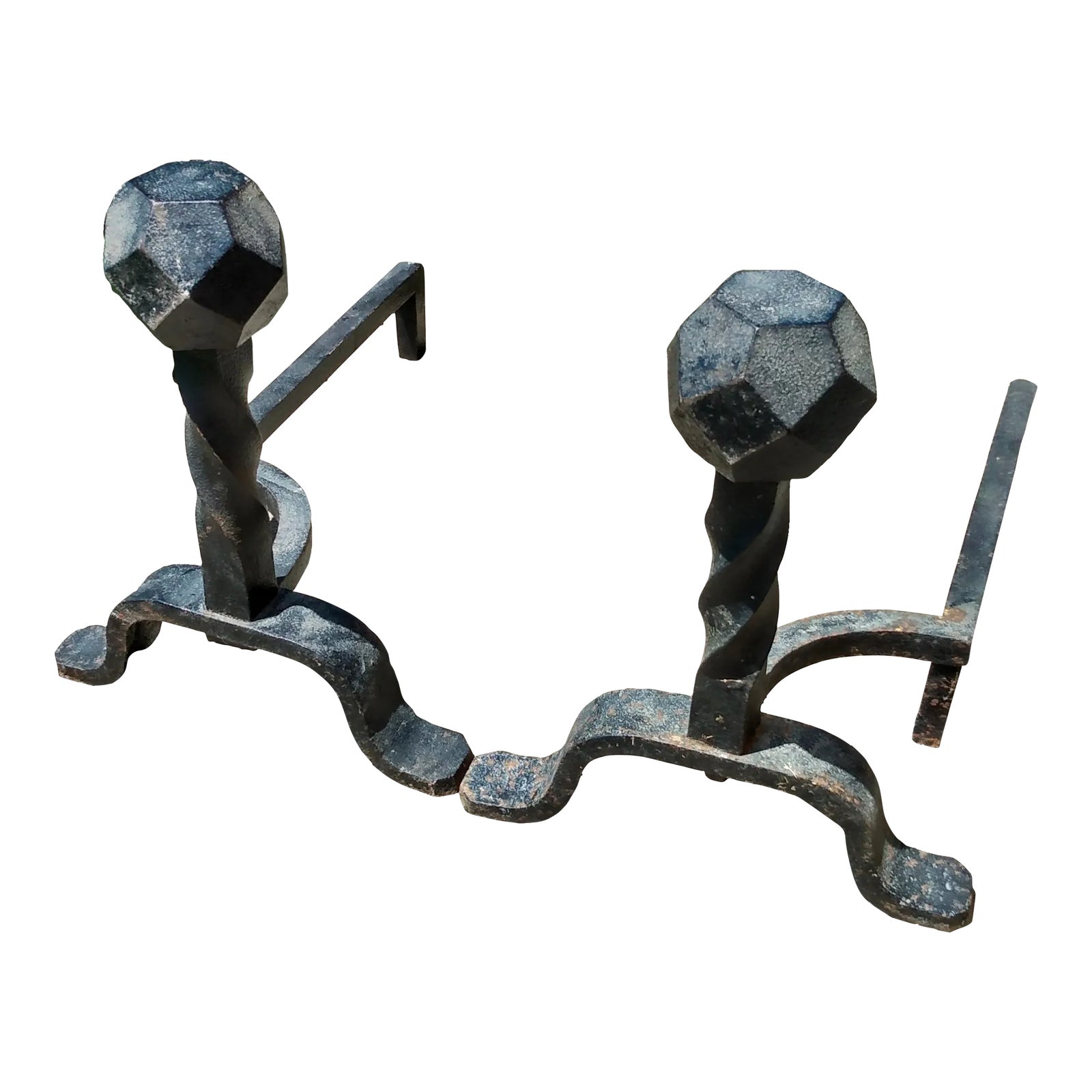 Set of 2 Antique Large Forged Iron Fireplace Andirons With Faceted Top ...