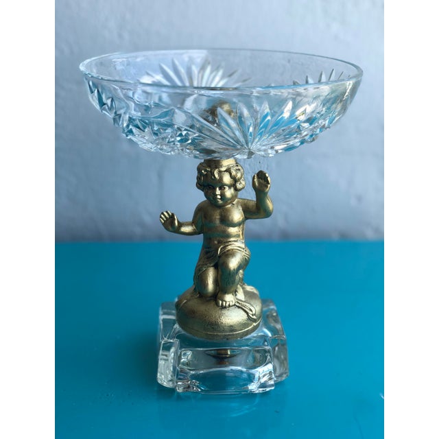 Vintage Crystal Brass Metal Glass Compote Cherub Pedestal Bowl | Chairish