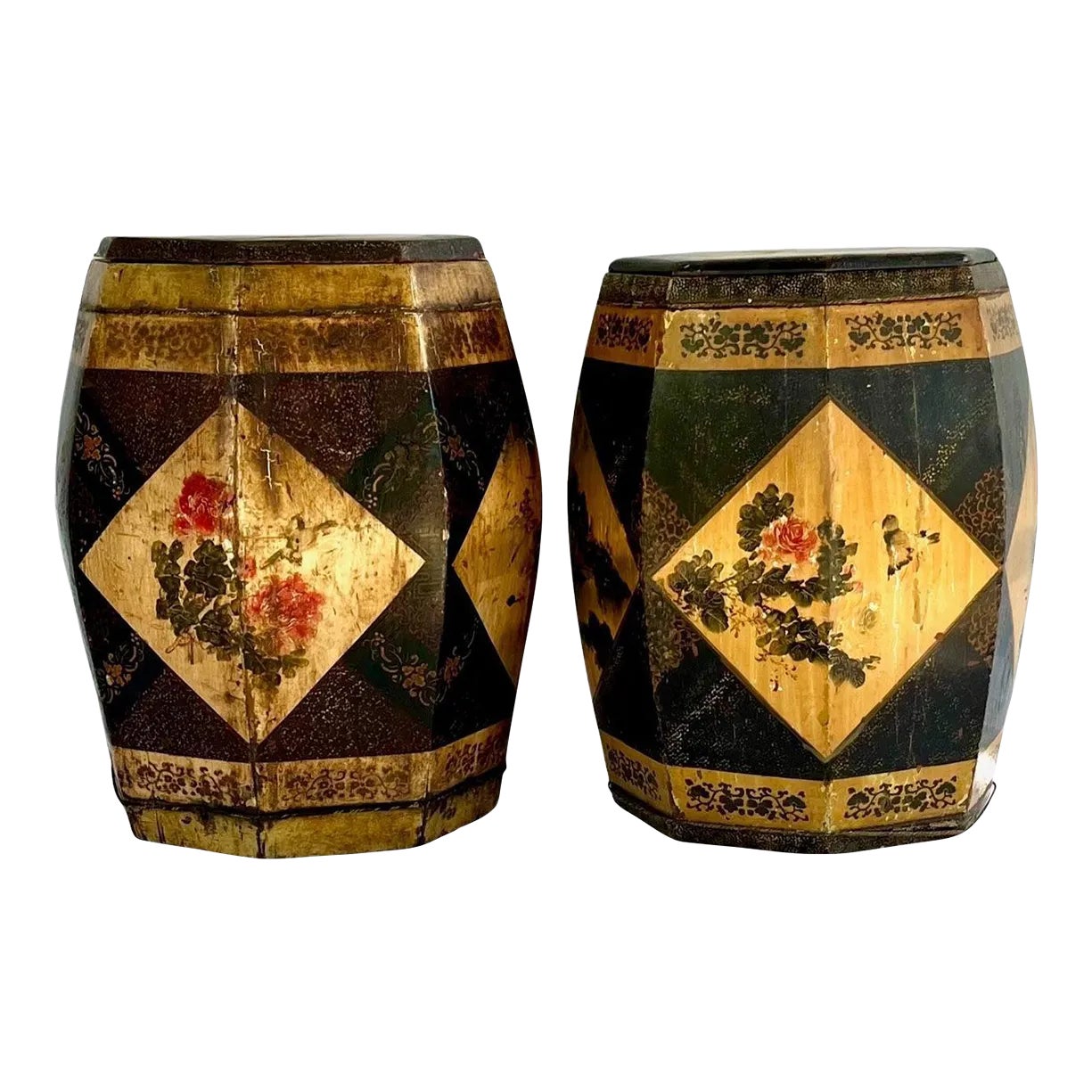 Pair of Antique Chinese Wood Hand Painted Rice Barrels. | Chairish