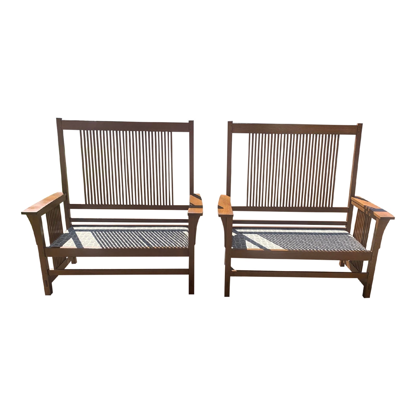 Late 20th Century Stickley Attributed Mission Oak Spindle Bench Pair ...