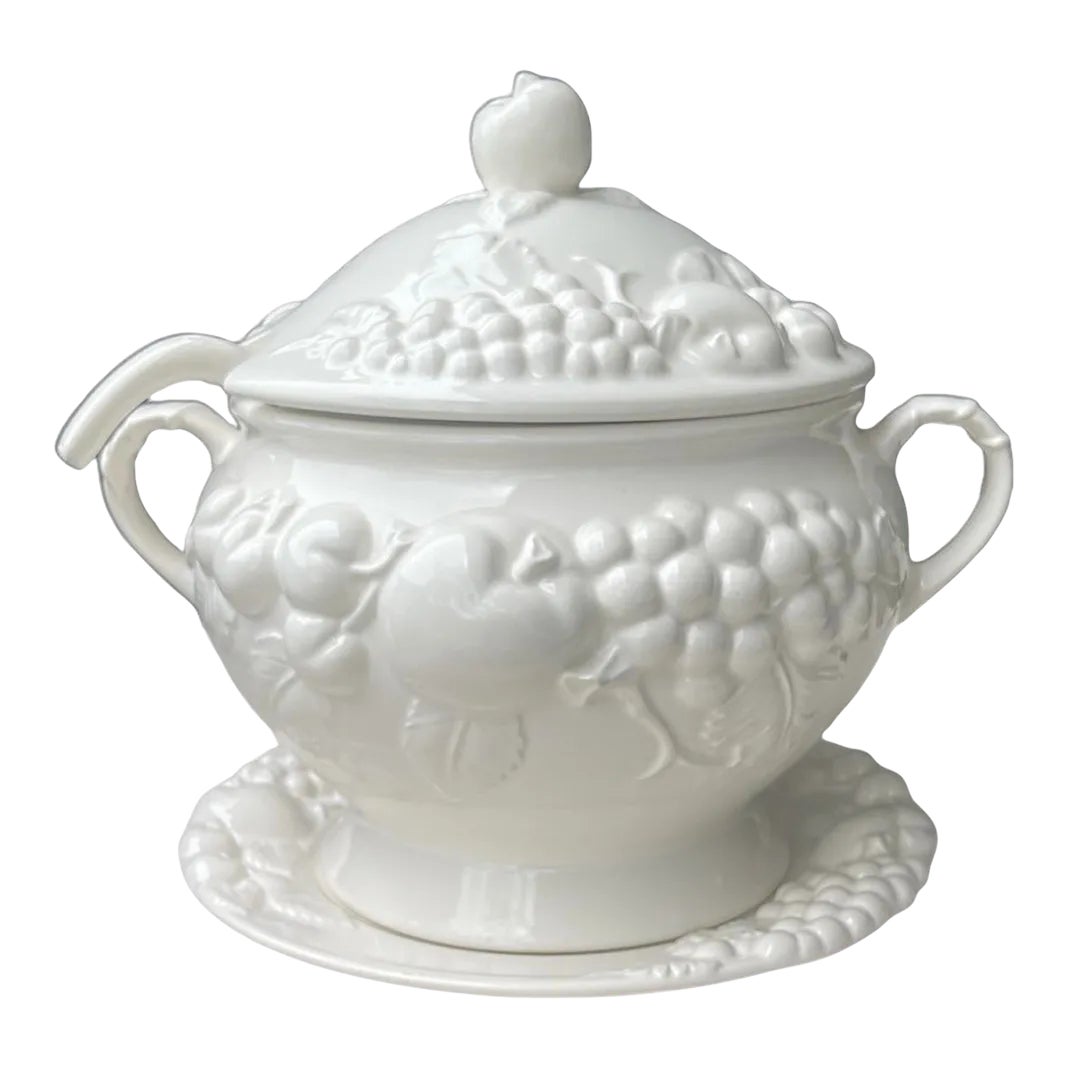 Signature Japan White Tureen and Ladle - 1970s White Fruit Pattern ...